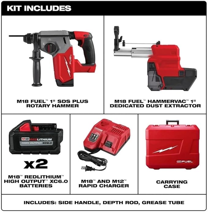 Milwaukee M18 FUEL 1” SDS Plus Rotary Hammer w/ Dust Extractor Kit 291 ...